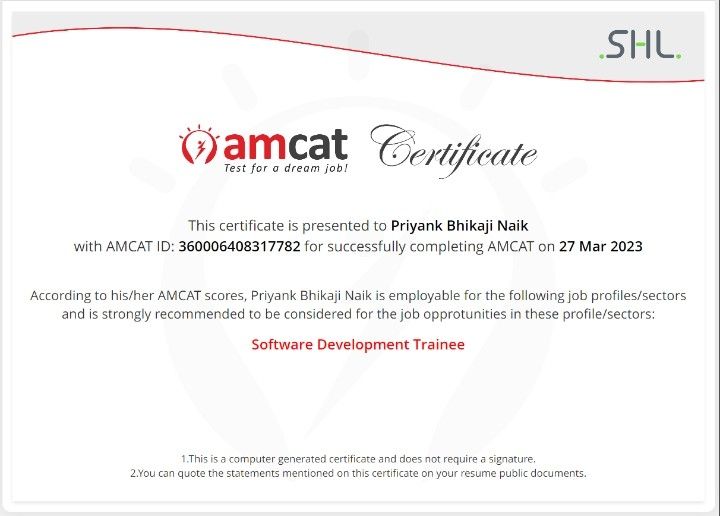 Priyank Naik on LinkedIn: #shl #amcat #trainee #softwaredevelopment Priyank Naik on LinkedIn: #shl #amcat #trainee #softwaredevelopment