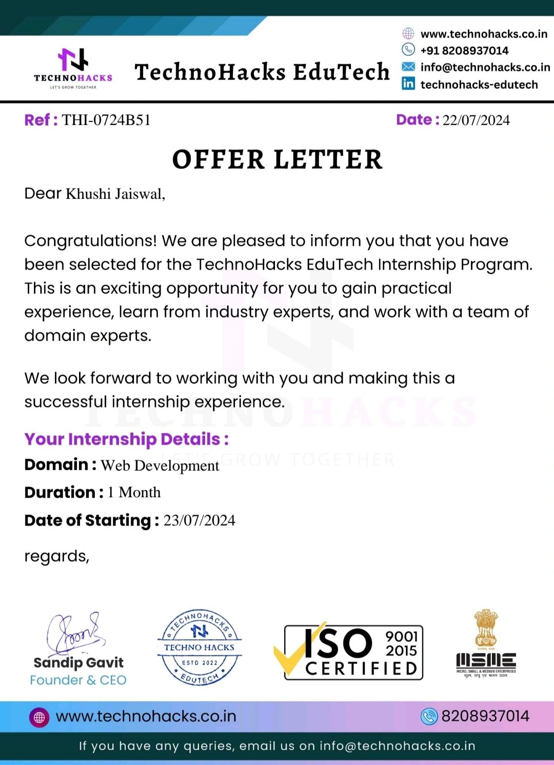 Khushi Jaiswal on LinkedIn: #internship2024 #technohacksedutech # ... Khushi Jaiswal on LinkedIn: #internship2024 #technohacksedutech # ...