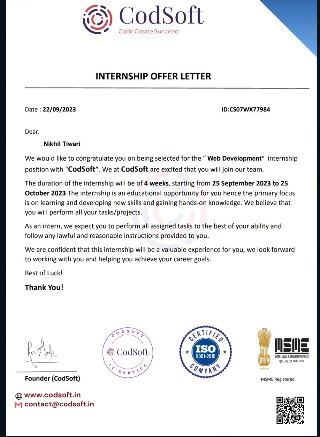 Nikhil Tiwari on LinkedIn: #internshipoffer #newopportunity #codsoft # ... Nikhil Tiwari on LinkedIn: #internshipoffer #newopportunity #codsoft # ...