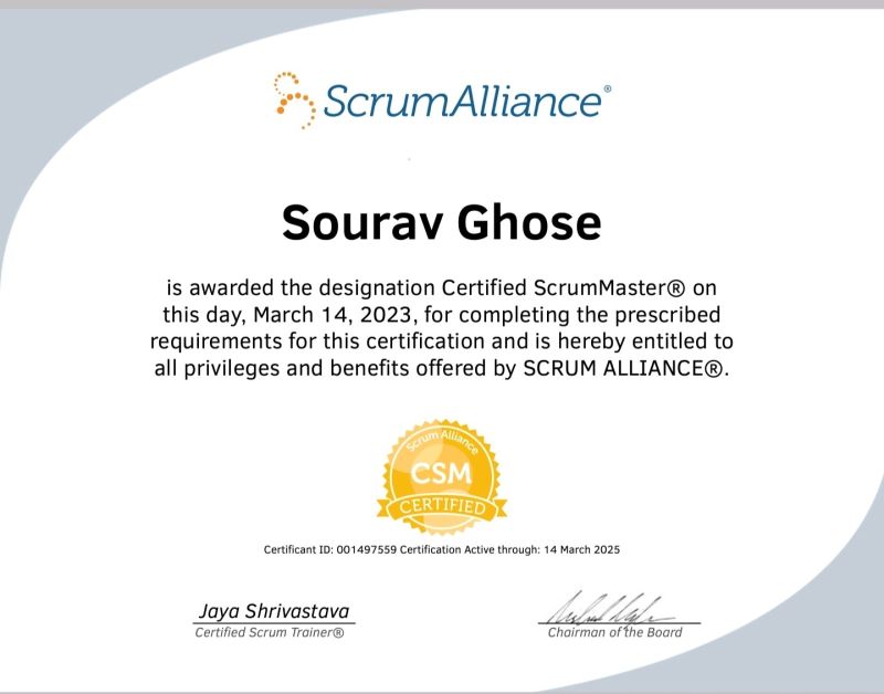 Sourav Ghose on LinkedIn: Now a Certified ScrumMaster® (CSM®) from ... Sourav Ghose on LinkedIn: Now a Certified ScrumMaster® (CSM®) from ...