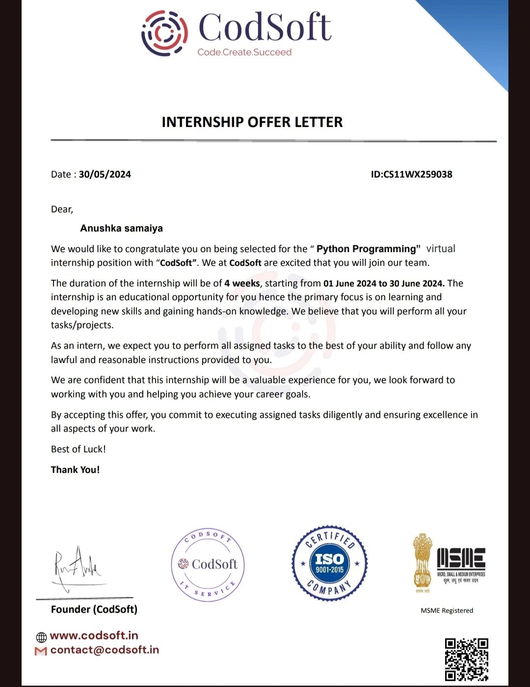 Anushka Samaiya on LinkedIn: #python #codsoft #internship Anushka Samaiya on LinkedIn: #python #codsoft #internship