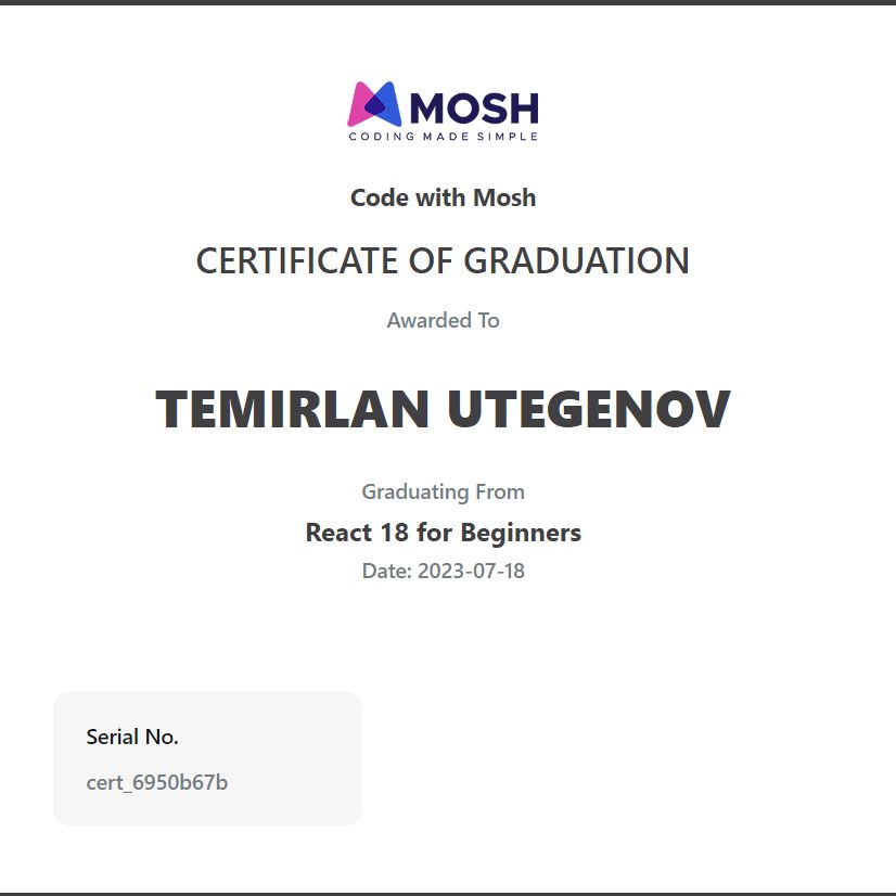 Temirlan Utegenov on LinkedIn: #codewithmosh Temirlan Utegenov on LinkedIn: #codewithmosh