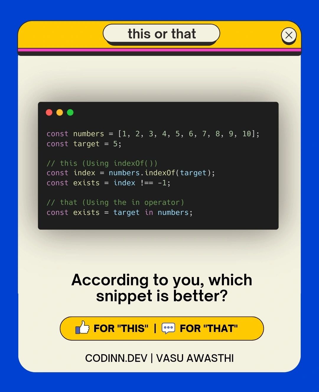 Vasu Awasthi on LinkedIn: #thisorthat #javascript #javascriptdeveloper ... Vasu Awasthi on LinkedIn: #thisorthat #javascript #javascriptdeveloper ...