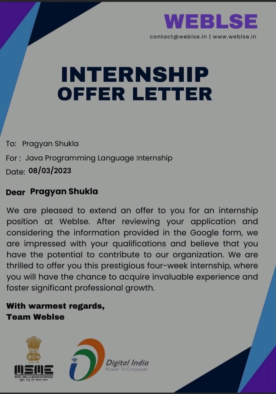 pragyan shukla on LinkedIn: #weblse #tech #intern pragyan shukla on LinkedIn: #weblse #tech #intern