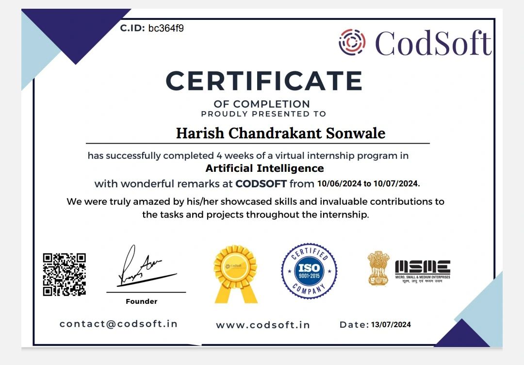 Harish Sonwale on LinkedIn: #artificialintelligence #codsoft # ... Harish Sonwale on LinkedIn: #artificialintelligence #codsoft # ...
