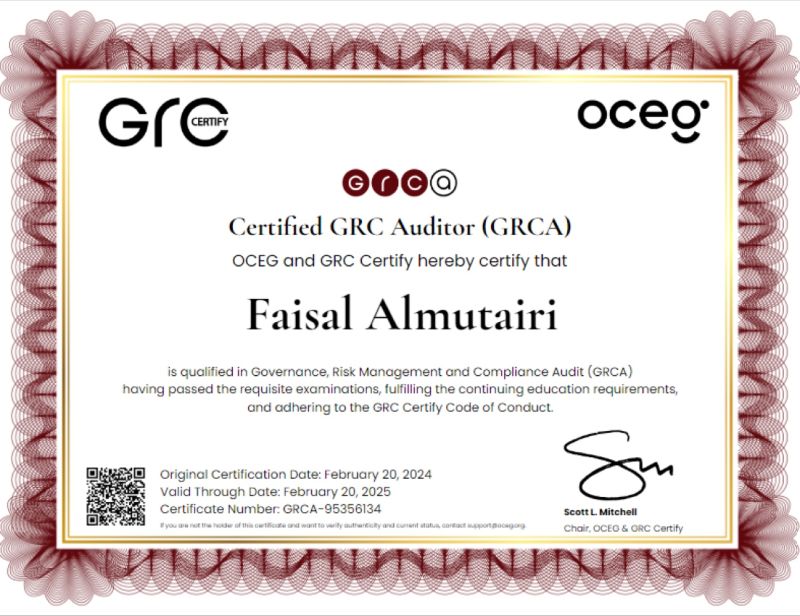 Faisal Almutairi, GRCP, GRCA on LinkedIn: بفضل الله حصلت على شهادة مدقق ... Faisal Almutairi, GRCP, GRCA on LinkedIn: بفضل الله حصلت على شهادة مدقق ...