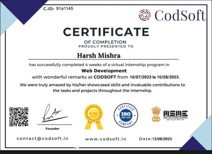Harsh Mishra on LinkedIn: #connections #codsoft #internship #webdevelopment Harsh Mishra on LinkedIn: #connections #codsoft #internship #webdevelopment