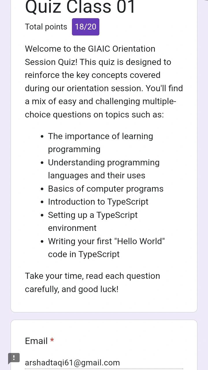 Taqi Arshad on LinkedIn: I secured 18 out of 20 in a TypeScript quiz ... Taqi Arshad on LinkedIn: I secured 18 out of 20 in a TypeScript quiz ...