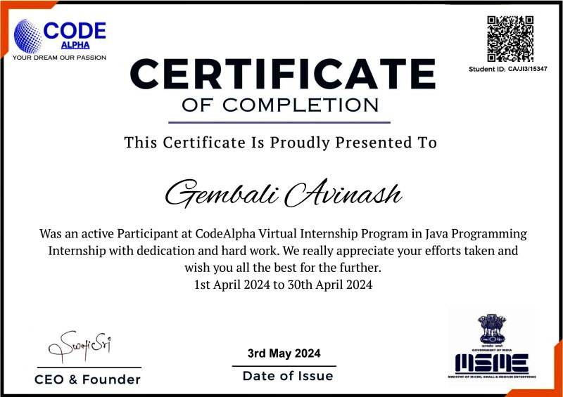 Avinash Gembali on LinkedIn: #codealpha #javadevelopergrad Avinash Gembali on LinkedIn: #codealpha #javadevelopergrad