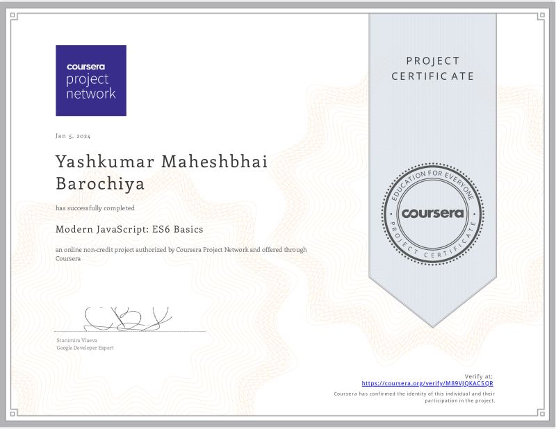 Yashkumar Barochiya on LinkedIn: #javascript #es6 #webdev #coursera # ... Yashkumar Barochiya on LinkedIn: #javascript #es6 #webdev #coursera # ...