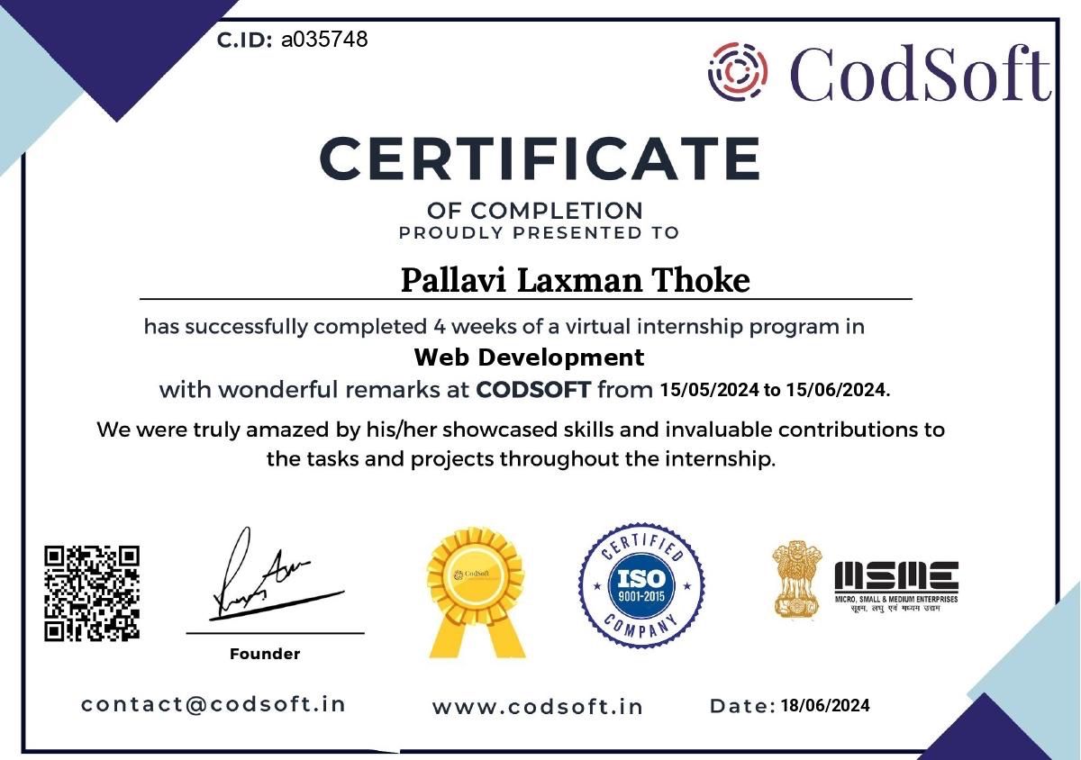 Pallavi Thoke on LinkedIn: #codsoft #completioncertificate #internship ... Pallavi Thoke on LinkedIn: #codsoft #completioncertificate #internship ...