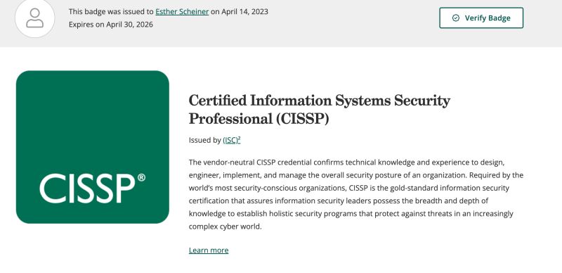 Esty Scheiner, CISSP, OSCP on LinkedIn: It's official! I'm a CISSP 😄 ... Esty Scheiner, CISSP, OSCP on LinkedIn: It's official! I'm a CISSP 😄 ...