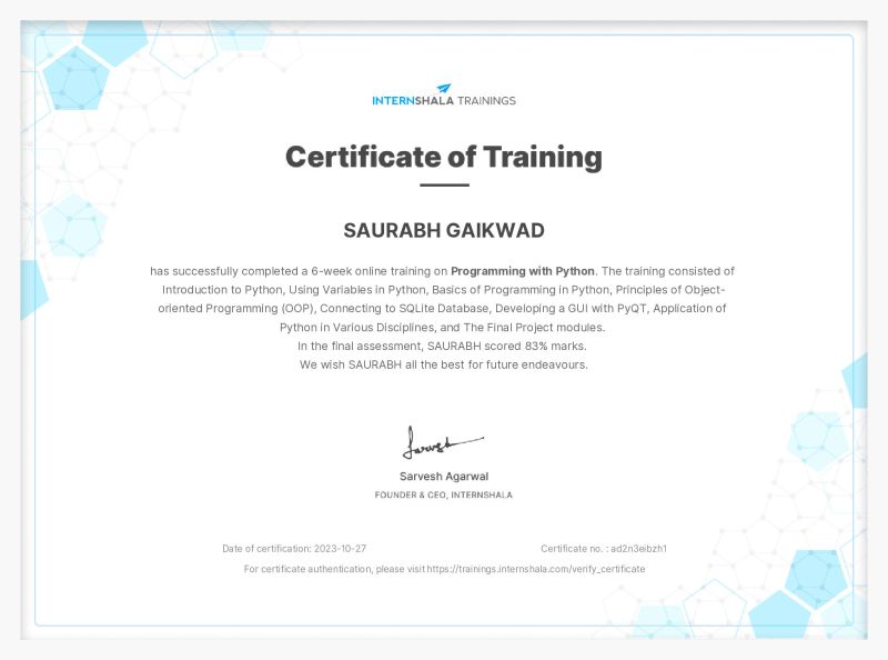 Completed programming with Python with Internshala | SAURABH GAIKWAD ... Completed programming with Python with Internshala | SAURABH GAIKWAD ...