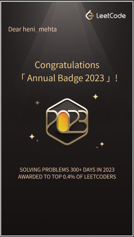 I earned LeetCode's Annual Badge 2023 | Heni Mehta posted on the topic ... I earned LeetCode's Annual Badge 2023 | Heni Mehta posted on the topic ...
