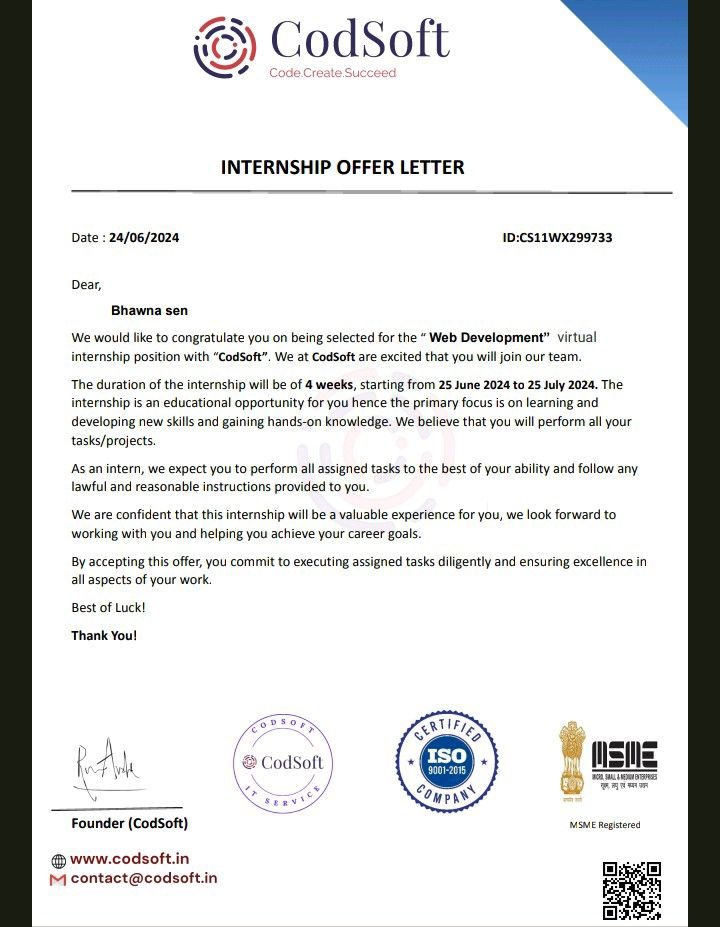 Bhawna Sen on LinkedIn: #codsoft #internship #webdevelopment Bhawna Sen on LinkedIn: #codsoft #internship #webdevelopment