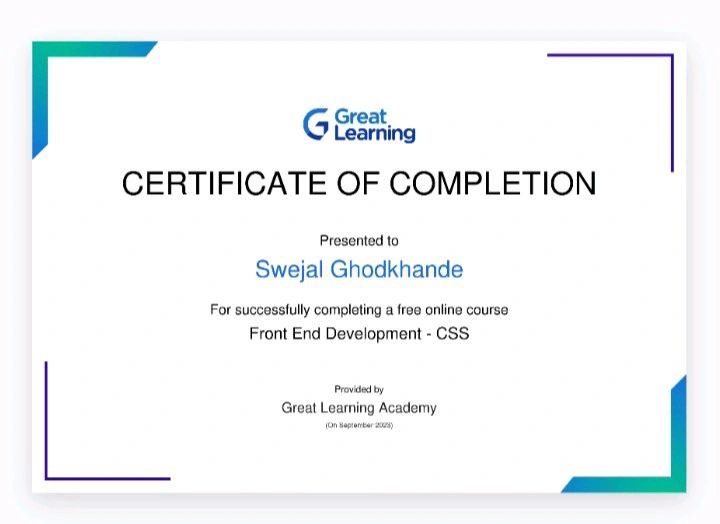 Swejal Ghodkhande on LinkedIn: #css #webdesign #greatlearning #achievement Swejal Ghodkhande on LinkedIn: #css #webdesign #greatlearning #achievement
