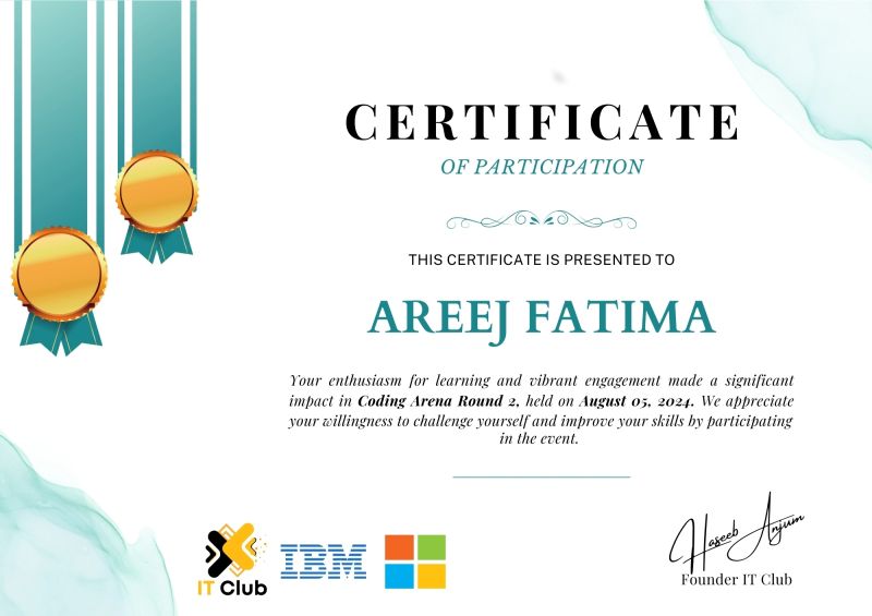 Areej Fatima on LinkedIn: #codingarena #participationcertificate # ... Areej Fatima on LinkedIn: #codingarena #participationcertificate # ...