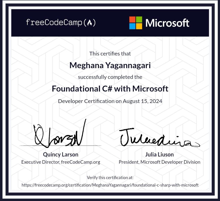 Meghana Yagannagari on LinkedIn: #csharp #microsoft #freecodecamp # ... Meghana Yagannagari on LinkedIn: #csharp #microsoft #freecodecamp # ...