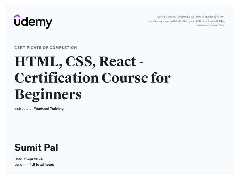 Sumit Pal on LinkedIn: #html #css #react #udemycertification Sumit Pal on LinkedIn: #html #css #react #udemycertification