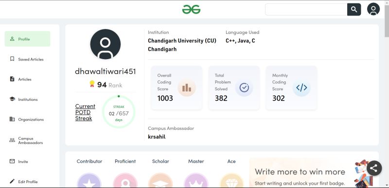 Dhawal Tiwari on LinkedIn: #codingmilestone #gfgscore1000 # ... Dhawal Tiwari on LinkedIn: #codingmilestone #gfgscore1000 # ...