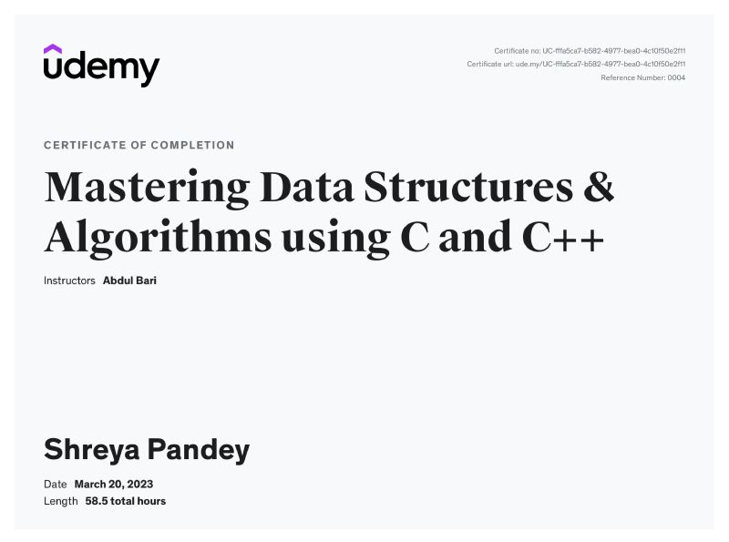 Shreya Pandey on LinkedIn: I completed this DSA course using c and cpp ... Shreya Pandey on LinkedIn: I completed this DSA course using c and cpp ...