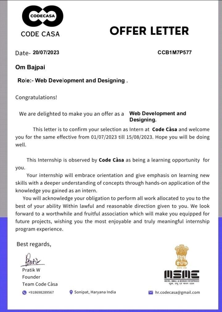 Om Bajpai on LinkedIn: #codecasa #internship #development #share # ... Om Bajpai on LinkedIn: #codecasa #internship #development #share # ...