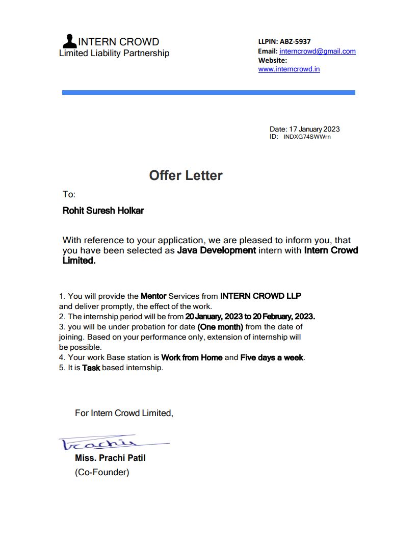 Rohit Holkar on LinkedIn: #offerletter #intern #javadeveloper Rohit Holkar on LinkedIn: #offerletter #intern #javadeveloper