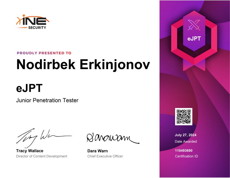 Nodirbek Erkinjonov on LinkedIn: eJPTv2 Thanks INE Security (FKA ... Nodirbek Erkinjonov on LinkedIn: eJPTv2 Thanks INE Security (FKA ...