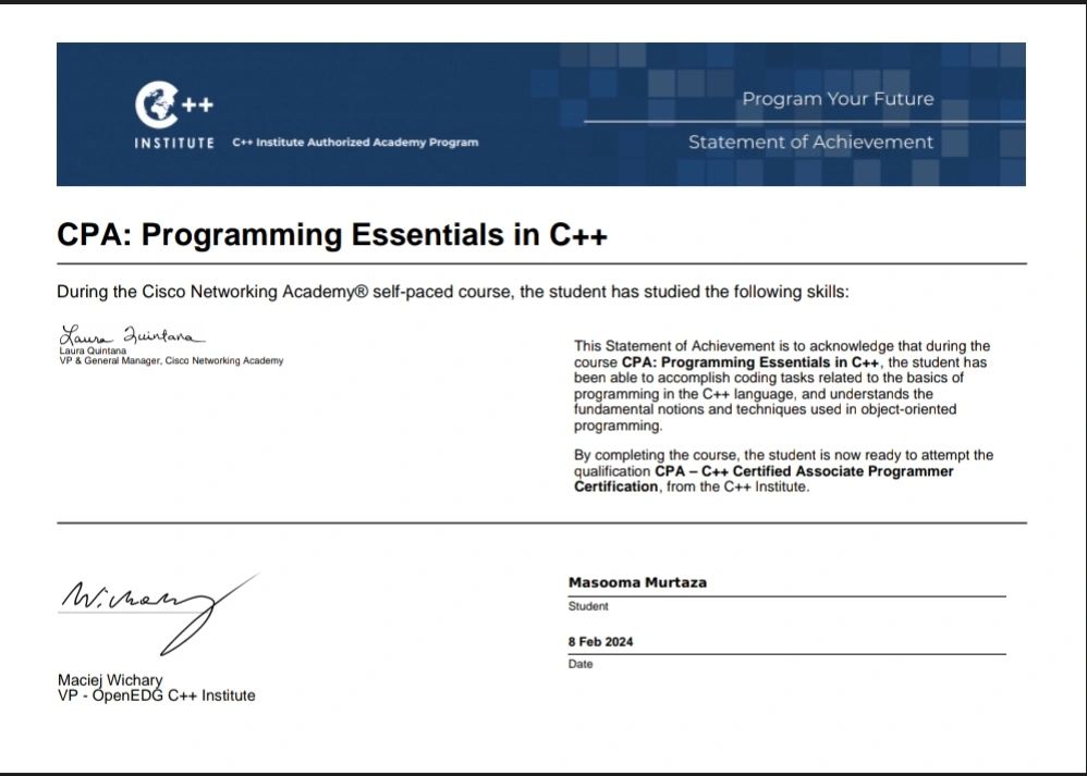 Masooma Murtaza on LinkedIn: #certification #cplusplus #programming # ... Masooma Murtaza on LinkedIn: #certification #cplusplus #programming # ...