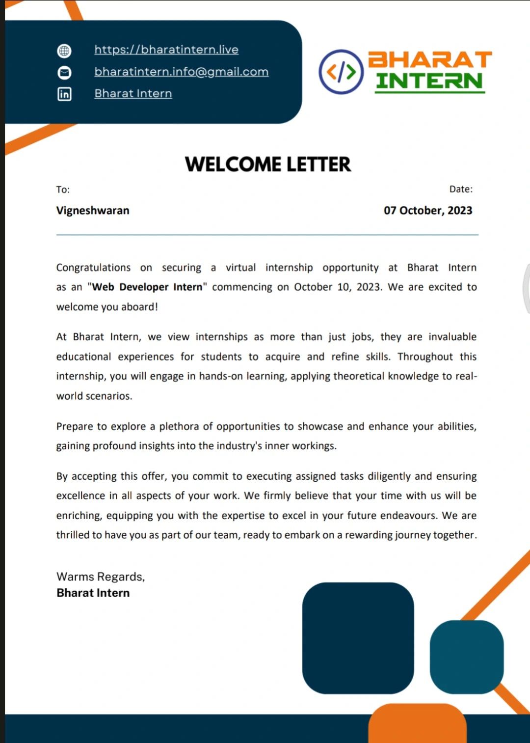 Vigneshwaran C on LinkedIn: #bharatinternshipexperience #intern #internship Vigneshwaran C on LinkedIn: #bharatinternshipexperience #intern #internship
