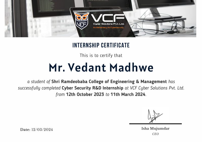 Vedant Madhwe on LinkedIn: #cybersecurity #internship #flutter # ... Vedant Madhwe on LinkedIn: #cybersecurity #internship #flutter # ...