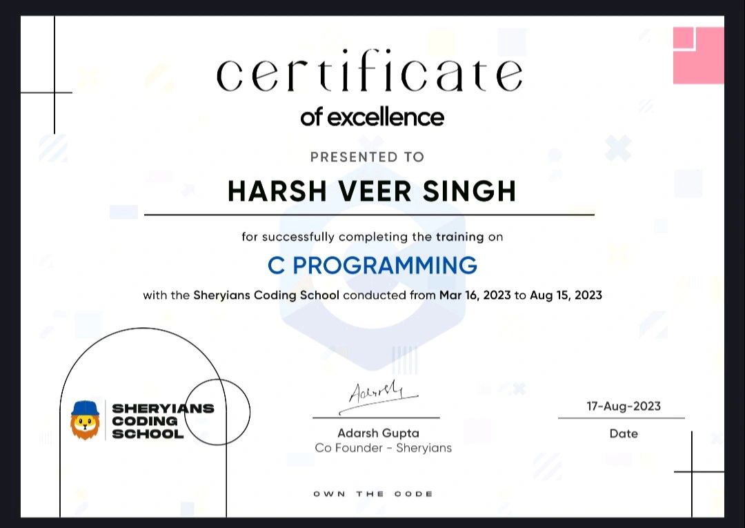 Completed C Programming course at Sheryians | Harsh veer Singh posted ... Completed C Programming course at Sheryians | Harsh veer Singh posted ...