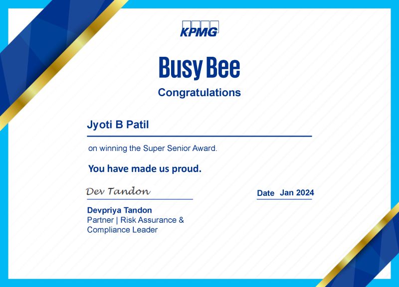 Jyoti Patil on LinkedIn: #kgs #kpmg #busybee #awards #proud Jyoti Patil on LinkedIn: #kgs #kpmg #busybee #awards #proud