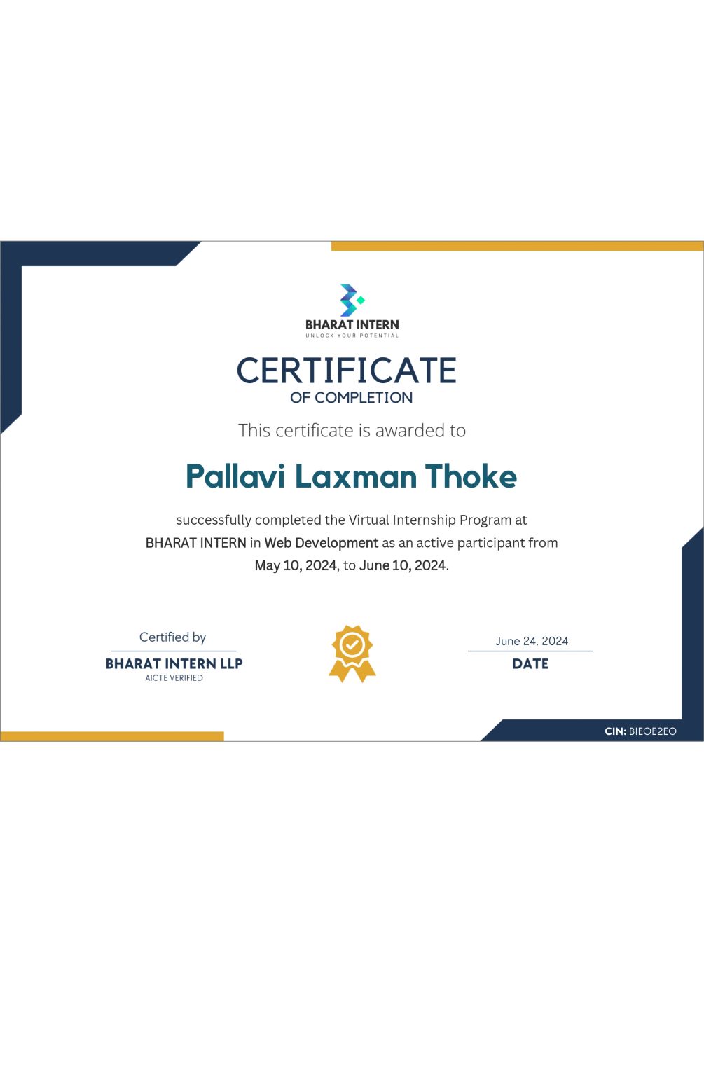 Pallavi Thoke on LinkedIn: #bharatintern #completioncertificate # ... Pallavi Thoke on LinkedIn: #bharatintern #completioncertificate # ...