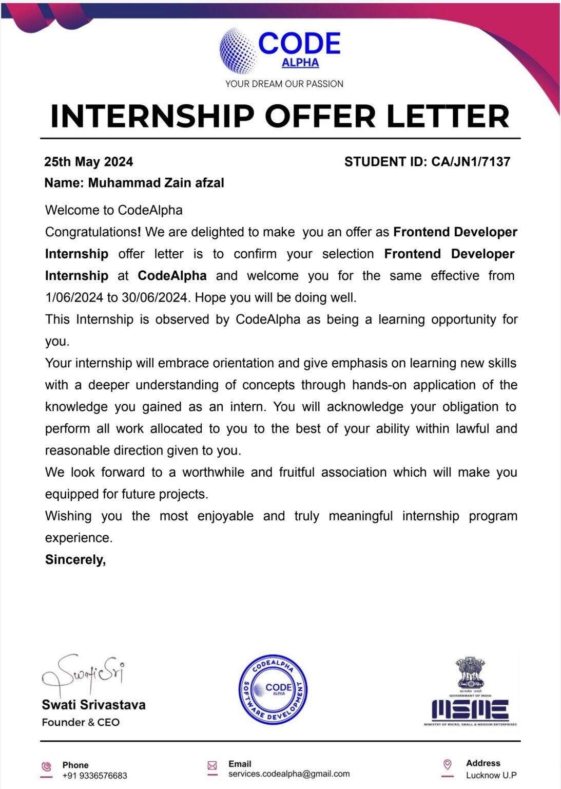 Zain Afzal on LinkedIn: CodeAlpha internship offer letter alhamdulliah Zain Afzal on LinkedIn: CodeAlpha internship offer letter alhamdulliah