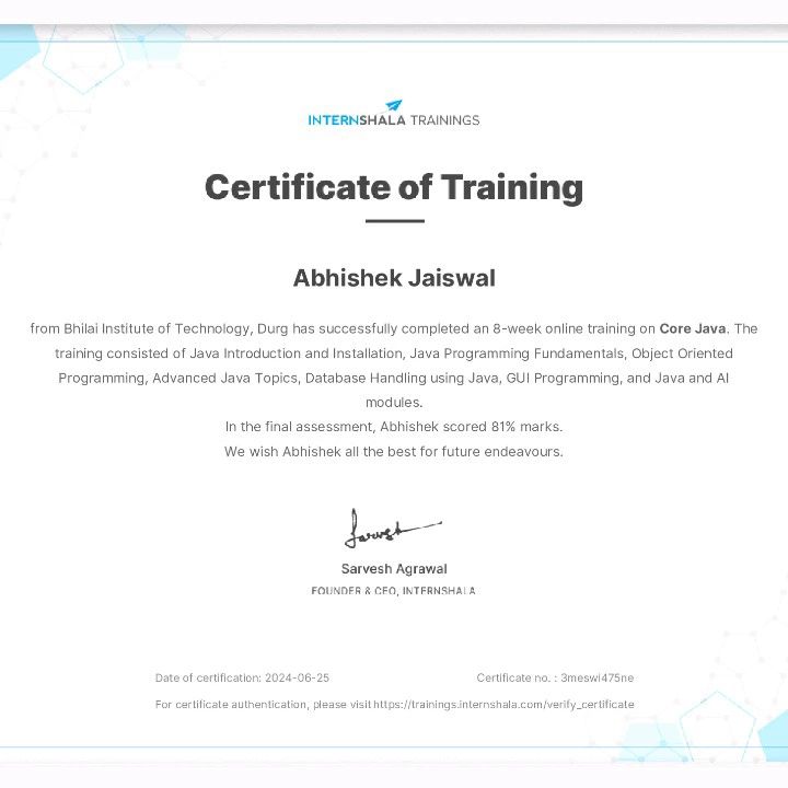 Abhishek Jaiswal on LinkedIn: #internshala #internshalatrainings #corejava Abhishek Jaiswal on LinkedIn: #internshala #internshalatrainings #corejava