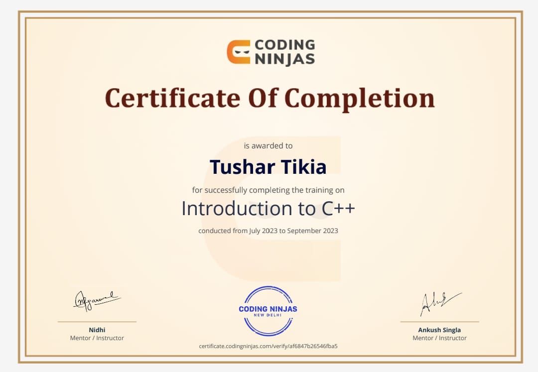 Tushar Tikia on LinkedIn: #codingninjas #cplusplus #codingjourney Tushar Tikia on LinkedIn: #codingninjas #cplusplus #codingjourney