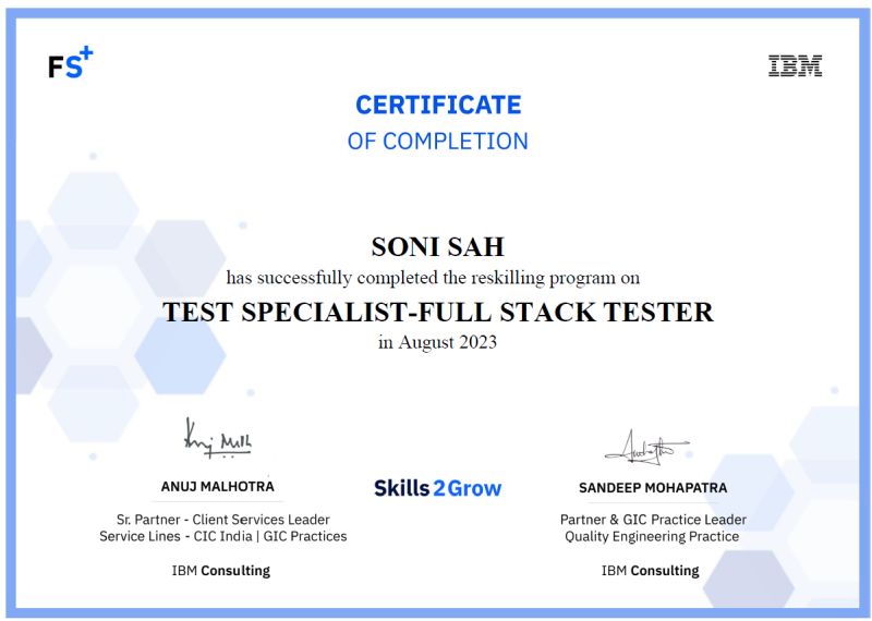 Soni Sah on LinkedIn: #ibm #fullstacktester #automationtester #reskill #fst Soni Sah on LinkedIn: #ibm #fullstacktester #automationtester #reskill #fst