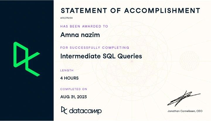 Amna Nazim on LinkedIn: #sql #datacamp #dataanalytics #learning # ... Amna Nazim on LinkedIn: #sql #datacamp #dataanalytics #learning # ...