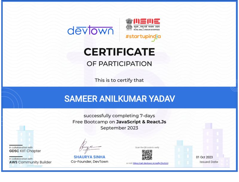Sameer Yadav on LinkedIn: Completed 'JavaScript & React.Js' with ... Sameer Yadav on LinkedIn: Completed 'JavaScript & React.Js' with ...