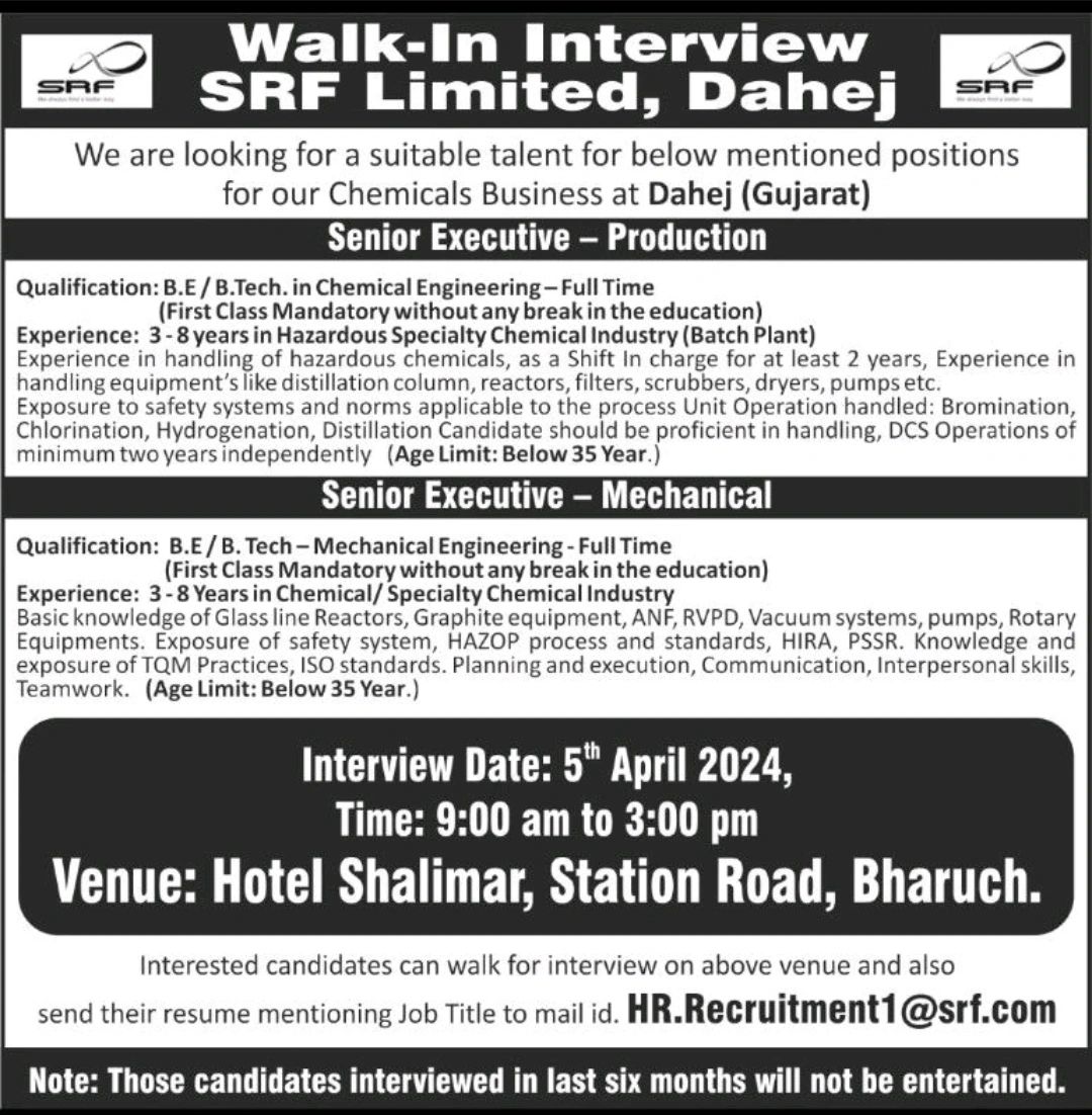 Sandeep Nath on LinkedIn: Walk-In Interview SRF Limited, Dahej ... Sandeep Nath on LinkedIn: Walk-In Interview SRF Limited, Dahej ...