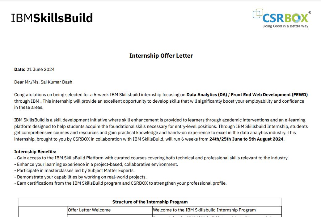 Sai Kumar Dash on LinkedIn: #internship #webdevelopment #frontend #ibm Sai Kumar Dash on LinkedIn: #internship #webdevelopment #frontend #ibm