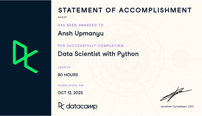 Completed DataCamp's Data Scientist with Python | Ansh Upmanyu posted ... Completed DataCamp's Data Scientist with Python | Ansh Upmanyu posted ...