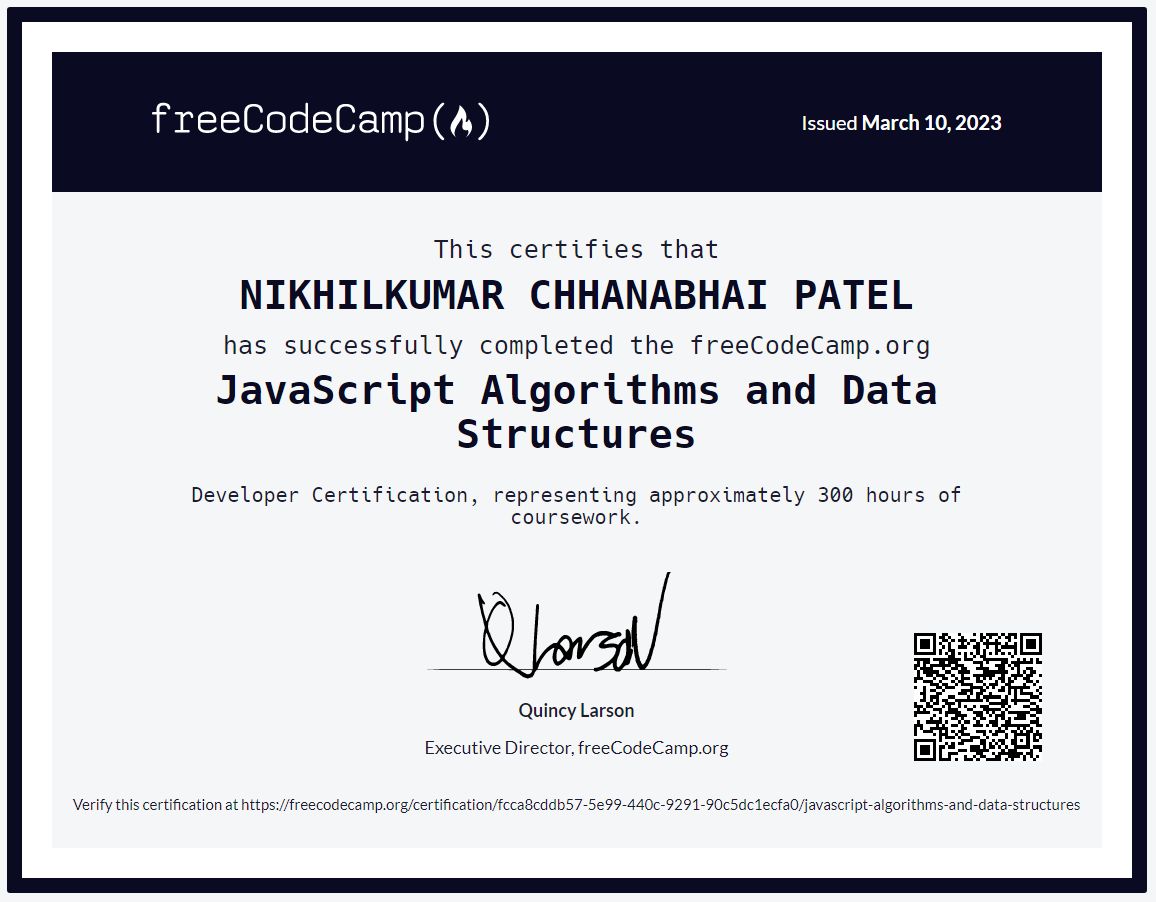 Nikhil Patel on LinkedIn: #javascript #coding #certificatecompletion Nikhil Patel on LinkedIn: #javascript #coding #certificatecompletion