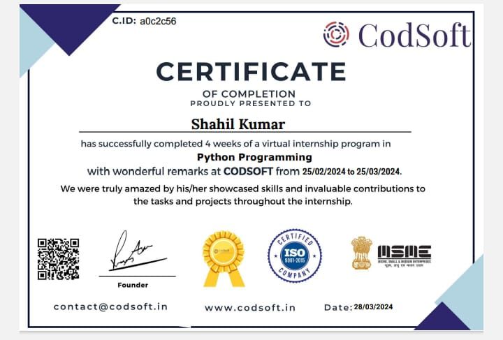 Shahil Kumar on LinkedIn: #codsoft #internship #pythonprogramming Shahil Kumar on LinkedIn: #codsoft #internship #pythonprogramming