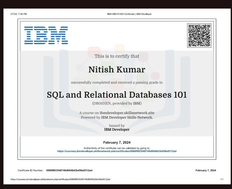 Finished the SQL course by IBM! 💻🎓 Learned a lot! | Nitish Kumar posted ... Finished the SQL course by IBM! 💻🎓 Learned a lot! | Nitish Kumar posted ...