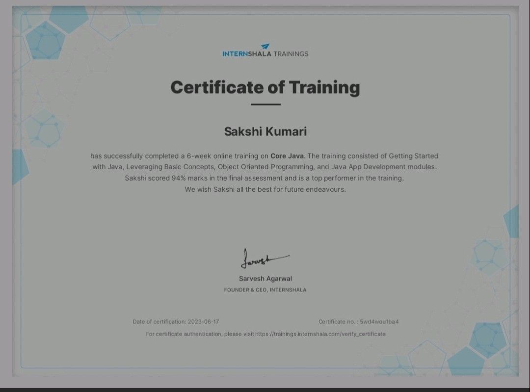 Sakshi Kumari on LinkedIn: #experience #training #java #internshala Sakshi Kumari on LinkedIn: #experience #training #java #internshala