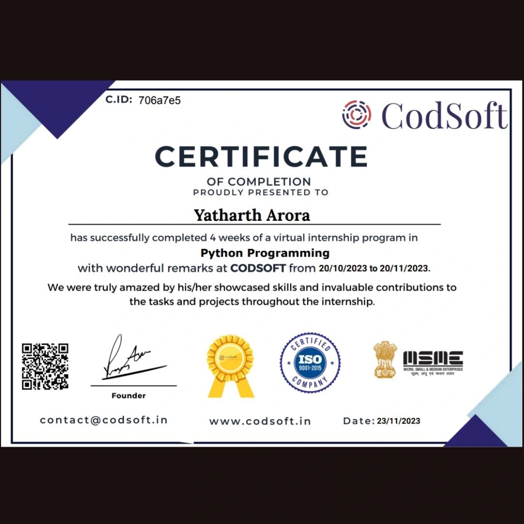 Yatharth Arora on LinkedIn: #codsoft #python Yatharth Arora on LinkedIn: #codsoft #python