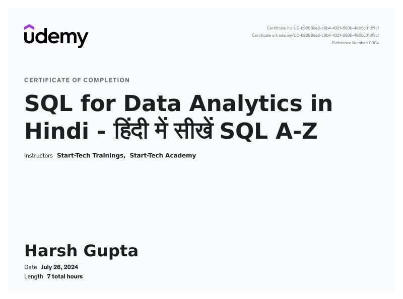 Harsh Gupta on LinkedIn: Completion of the Udemy course SQL for Data ... Harsh Gupta on LinkedIn: Completion of the Udemy course SQL for Data ...
