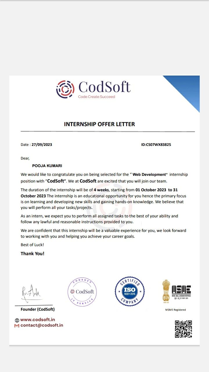 POOJA KUMARI on LinkedIn: #codsoft POOJA KUMARI on LinkedIn: #codsoft